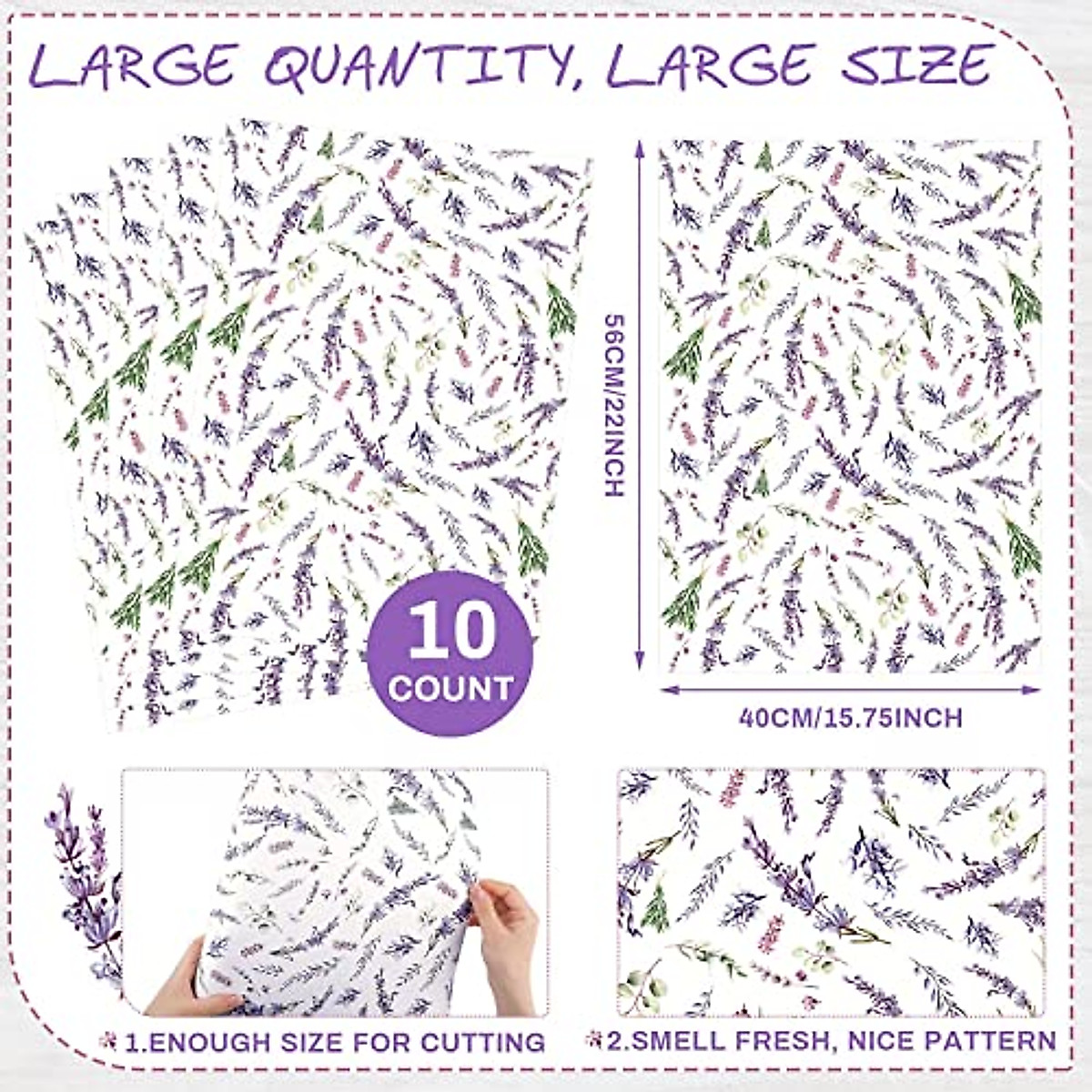 BBTO 10 Sheet Fragrant Drawer Liners for Dresser Lavender Scented Cabinet Liners for Shelves 15.8 x 22 Inch Paper Liner for Drawers and Cabinets Non Adhesive Drawer Paper Liner (Lavender Style)