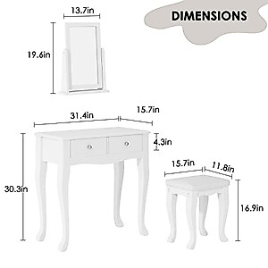 soges Makeup Vanity Table Set, 2-Drawer Dresser Desk, 360° Rotation Mirror, Cushioned Stool, Bedroom Dressing Table Set, White