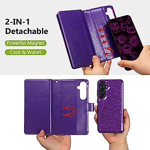Varikke Compatible with Samsung Galaxy A14 5G Case, Detachable Magnetic Wallet Case with Card Holder, Kickstand, Wrist Strap, Glitter PU Leather Flip Phone Cover for Women Men, 6.6 Inch, Dark Purple
