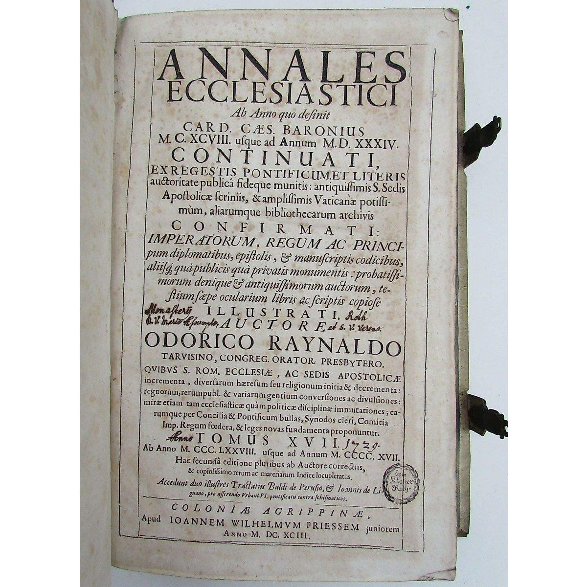 1693 BLIND-STAMPED PIGSKIN OVER WOODEN BOARDS FOLIO ANNALES ECCLESIASTICI