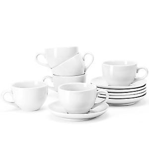 Yedio Porcelain Coffee Cups Set with Saucer, 6 Ounce White Porcelain Cup and Saucer Set for Cappuccino, Coffee Latte, Coffee drinks and Tea, Set of 6
