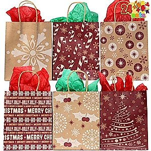 JOYIN 24 Christmas Holiday Kraft Paper Goody Gift Bags 9x7.25x3.5 with Handles for Xmas Gift-giving, Classrooms Party Favors Wrapping Goodie Bag