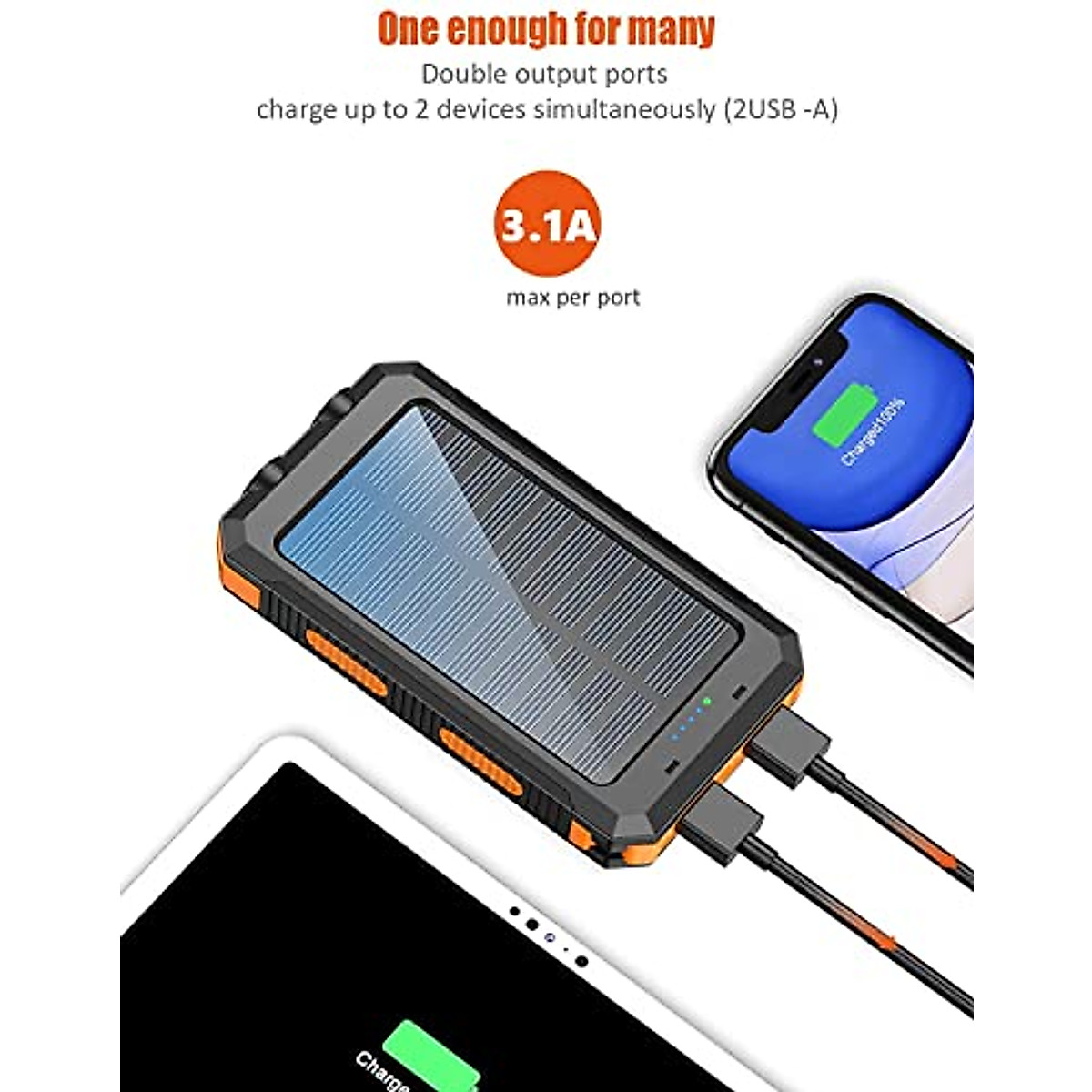 Solar Power Bank 36800mAh Portable Solar Charger 5V3.1A, QC 3.0 Dual 2 USB,LED Flashlights Port Strong LED IPX7 Flashlight,Waterproof, Dustproof, Shockproof (Orange)