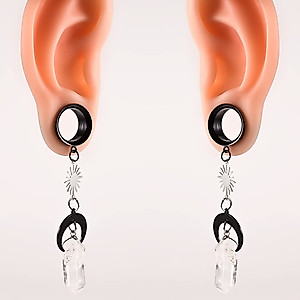 Maxbott 2PCS Moon-Pendant Natural Stone Stainless Steel Dangle Ear Plugs Tunnels Stretcher Piercing Body Jewelry (10mm(00G), Black)
