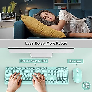 WisFox 2.4GHz Full-Size Silent Keyboard with Numeric Keypad, Long Battery Life, Lag-Free, Slim USB Cordless and Mouse for PC Laptop Windows (Mint Green)