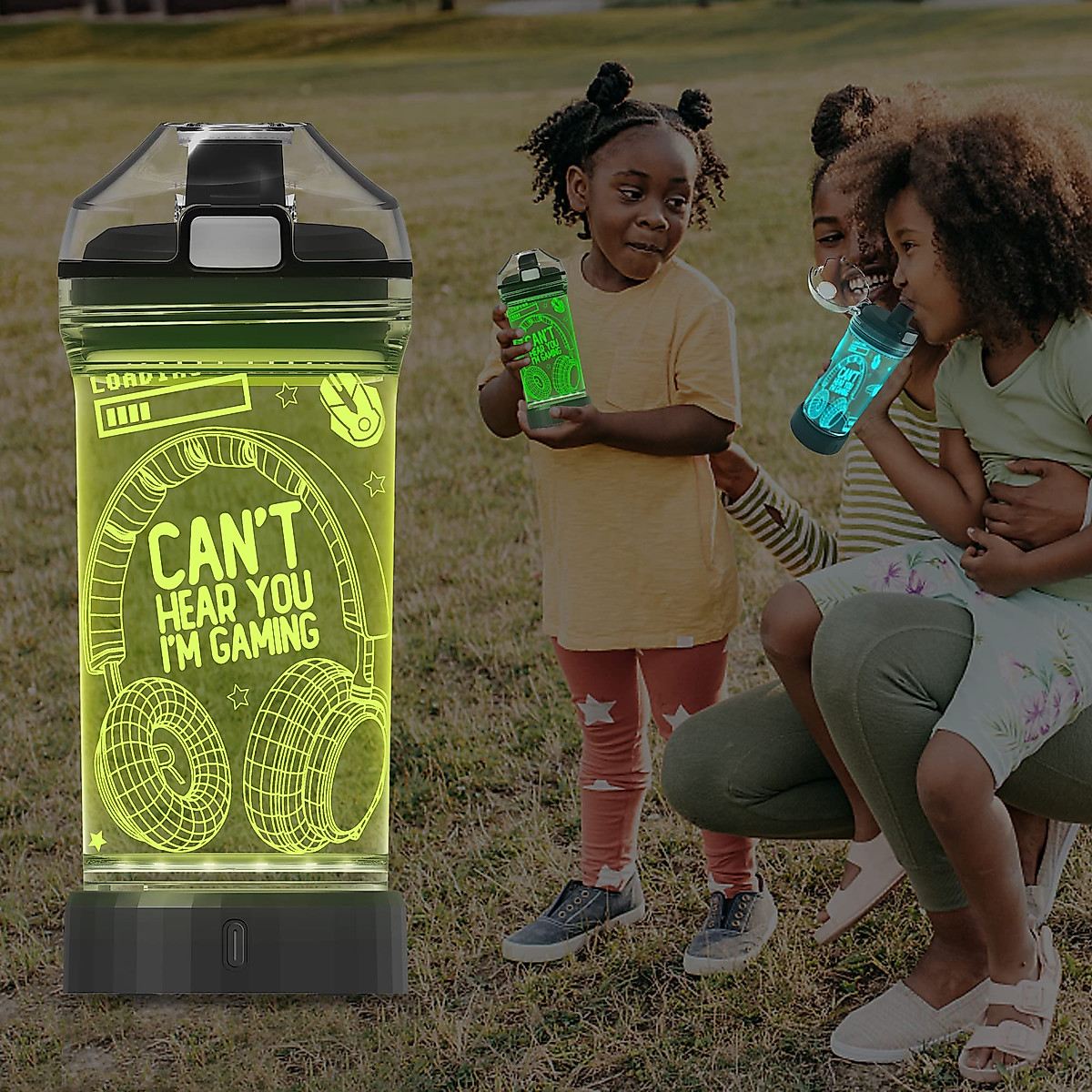 YuanDian Can't Hear You I'm Gaming Water Bottle, Headphone 7 Color Lights 3D Light up Drinking Cups Gifts for Gamers Boys, BPA Free & Leak Proof Flip Top Lid & Easy Clean & Carry Handle, 14oz/400ml