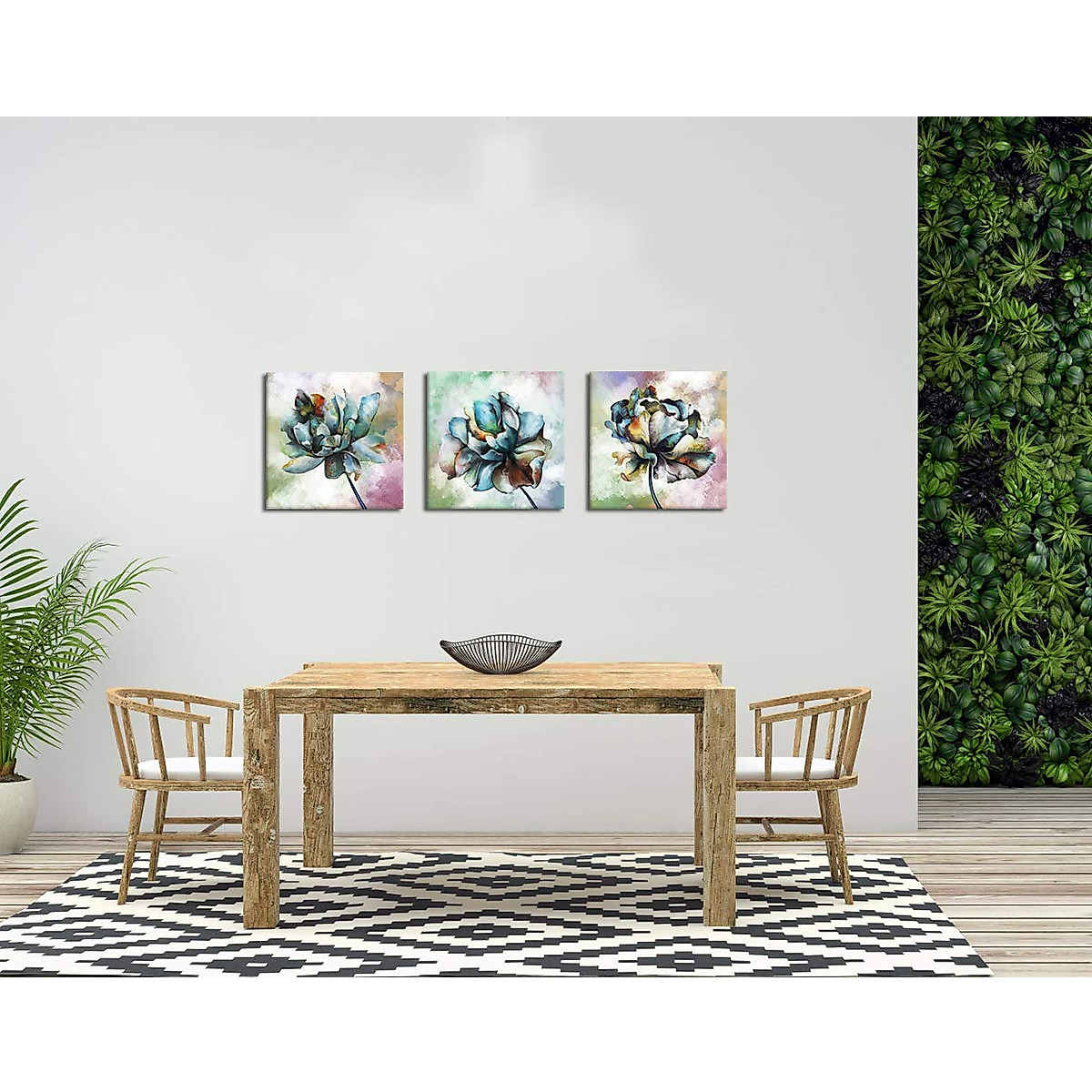 KLVOS Flower Canvas Wall Art for Bedroom Watercolor Rose Dahlia Lotus Floral Paintings Pictures for Living Room Bathroom Wall Decor Framed Prints Artwork Stretched Easy to Hang 12x12inchx3pcs