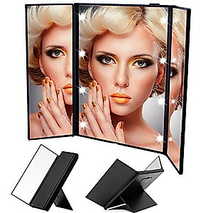 KXA Tri-Fold Vanity Mirror, 8 LED Lighted with Touch Screen 1X Magnification and USB Charging Adjustable Brightness and Stand for Makeup
