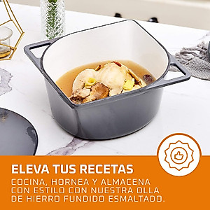 Bruntmor 5 Quart Cast Iron Enameled Coated Dutch Oven In Modern Squoval Shaped Design, Nonstick Seasoned Pot With Stainless Steel Knob, Grey With Grey Lid