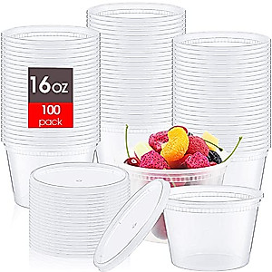 100 Sets Plastic Food Containers with Lids 16 oz Deli Storage Containers Disposable Soup Containers with Airtight Lids Leakproof Round Clear Takeout Container, Microwave Dishwasher Freezer Safe