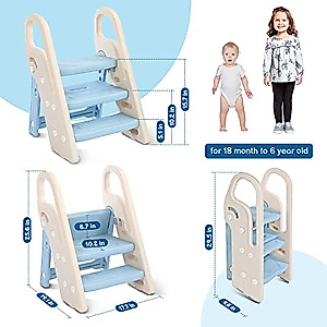 Onasti Foldable Toddler Step Stop for Bathroom Sink, Adjustable 3 Step Stool for Kids Toilet Potty Training Stool with Handles, Child Kitchen Counter Stool Helper, Plastic Ladder for Toddlers Blue