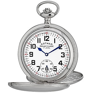 Gotham Men's Silver-Tone Railroad Dial Double Hunter 17 Jewel Mechanical Pocket Watch # GWC18806S
