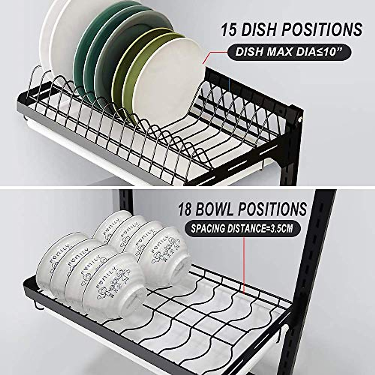junyuan Hanging Dish Drying Rack Wall Mount,Dish Racks Drainer,3 Tier Kitchen Plate Organizer Storage Shelf with Drain Tray with 3 Hooks,Stainless Steel Black Coating (3 Tier, 21.8)