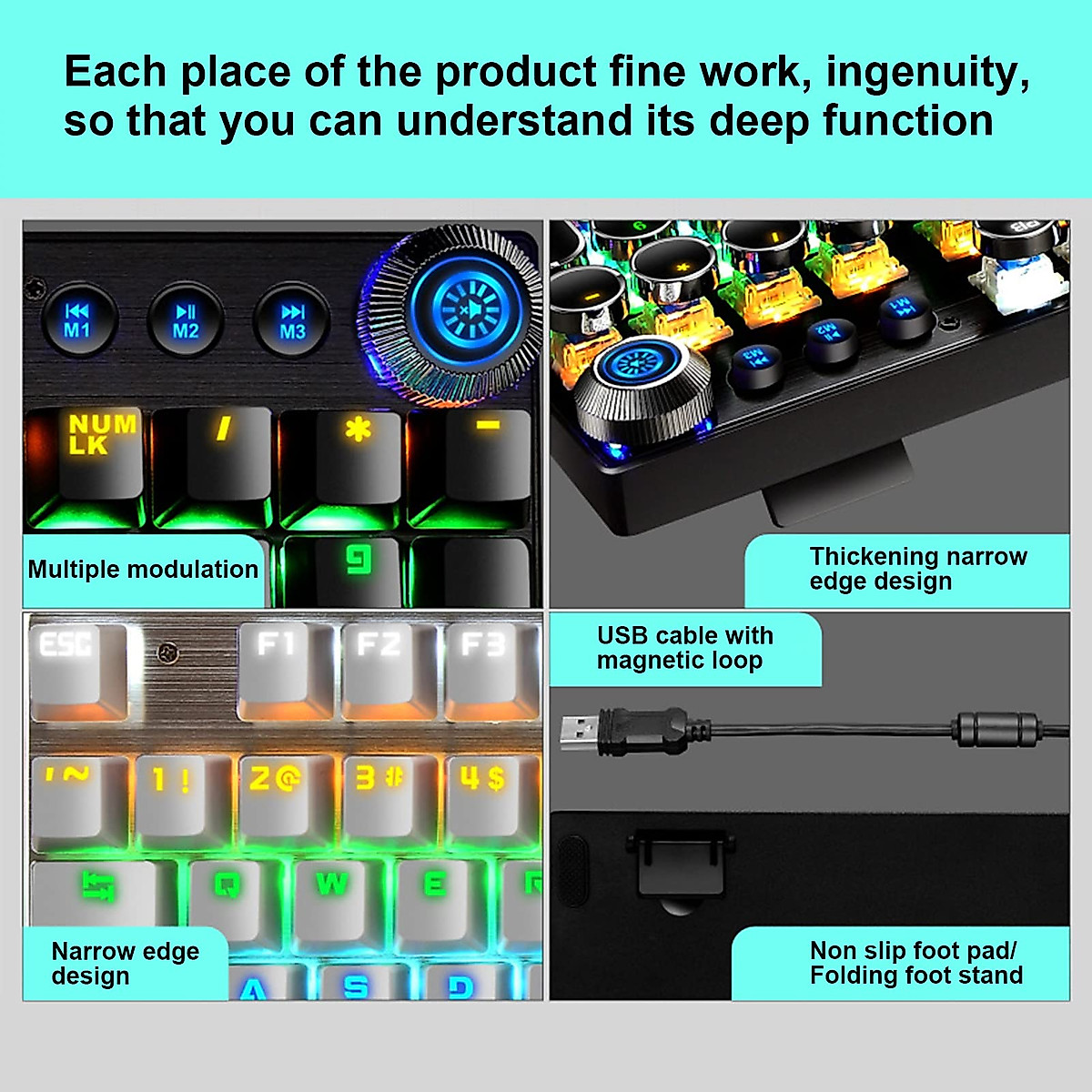 wendeekun Mechanical Illuminated Keyboard, 2 Color Injection 9 Lighting Effects Knob Version, Colorful Backlit Wired 104 Keys Gaming Keyboard