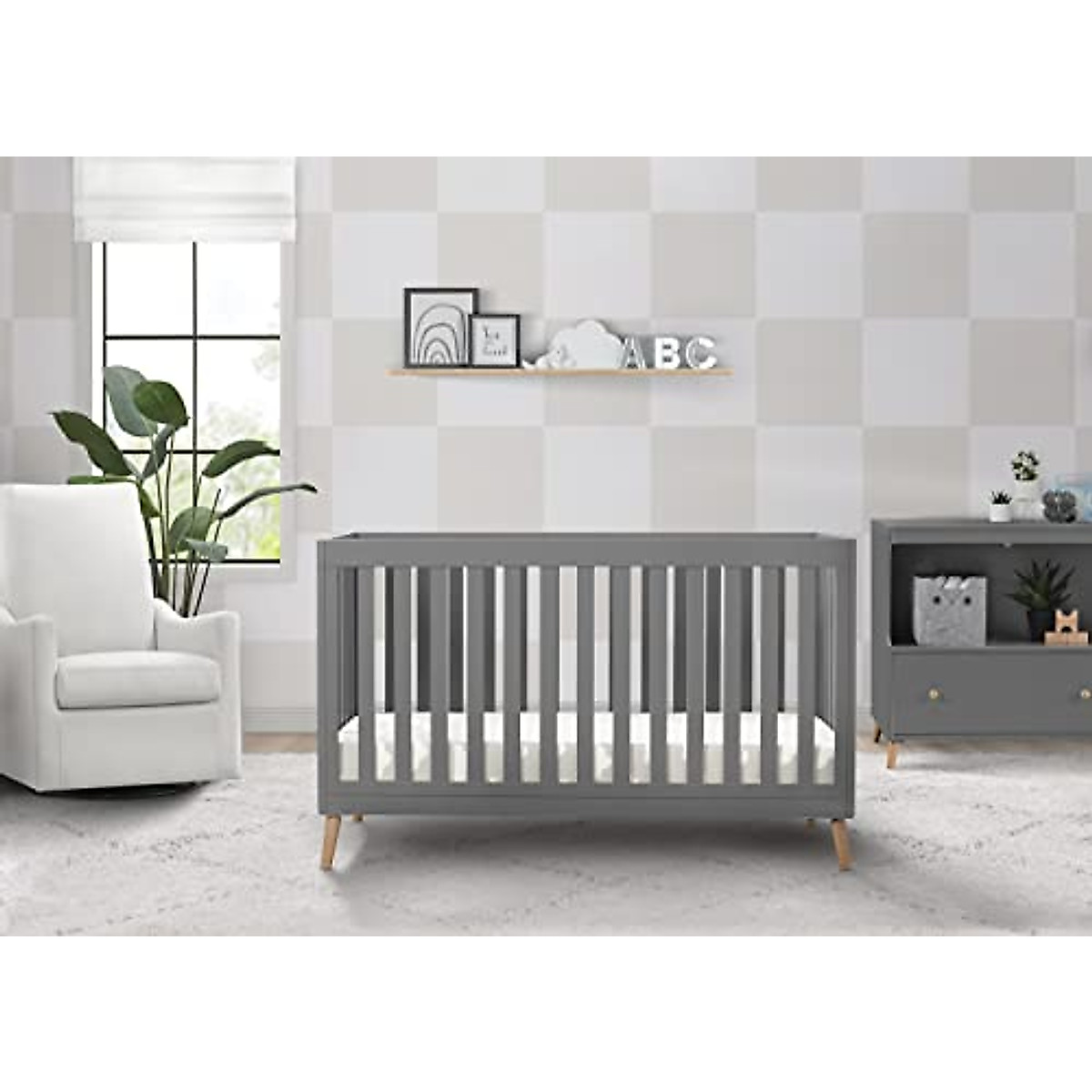 Delta Children Essex 4-in-1 Convertible Baby Crib, Grey with Natural Legs