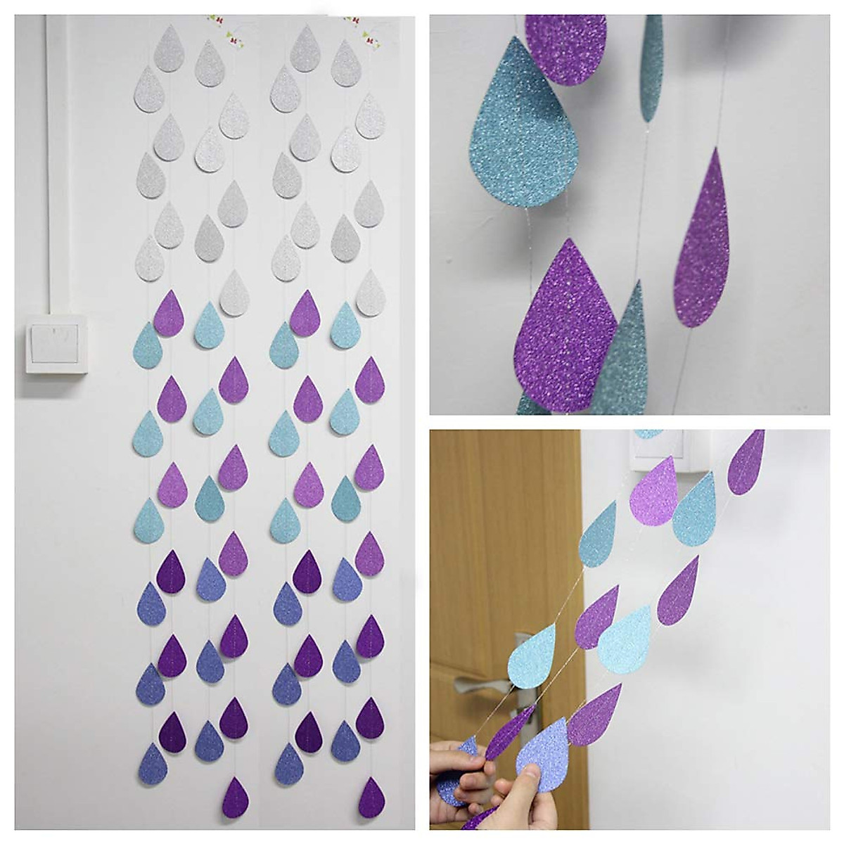 Lauthen.S Raindrop Garland, 38ft Glitter Paper Garland for Baby Shower Birthday Wedding Backdrop Party Hanging Decoration Nursery Home Ornaments Purple
