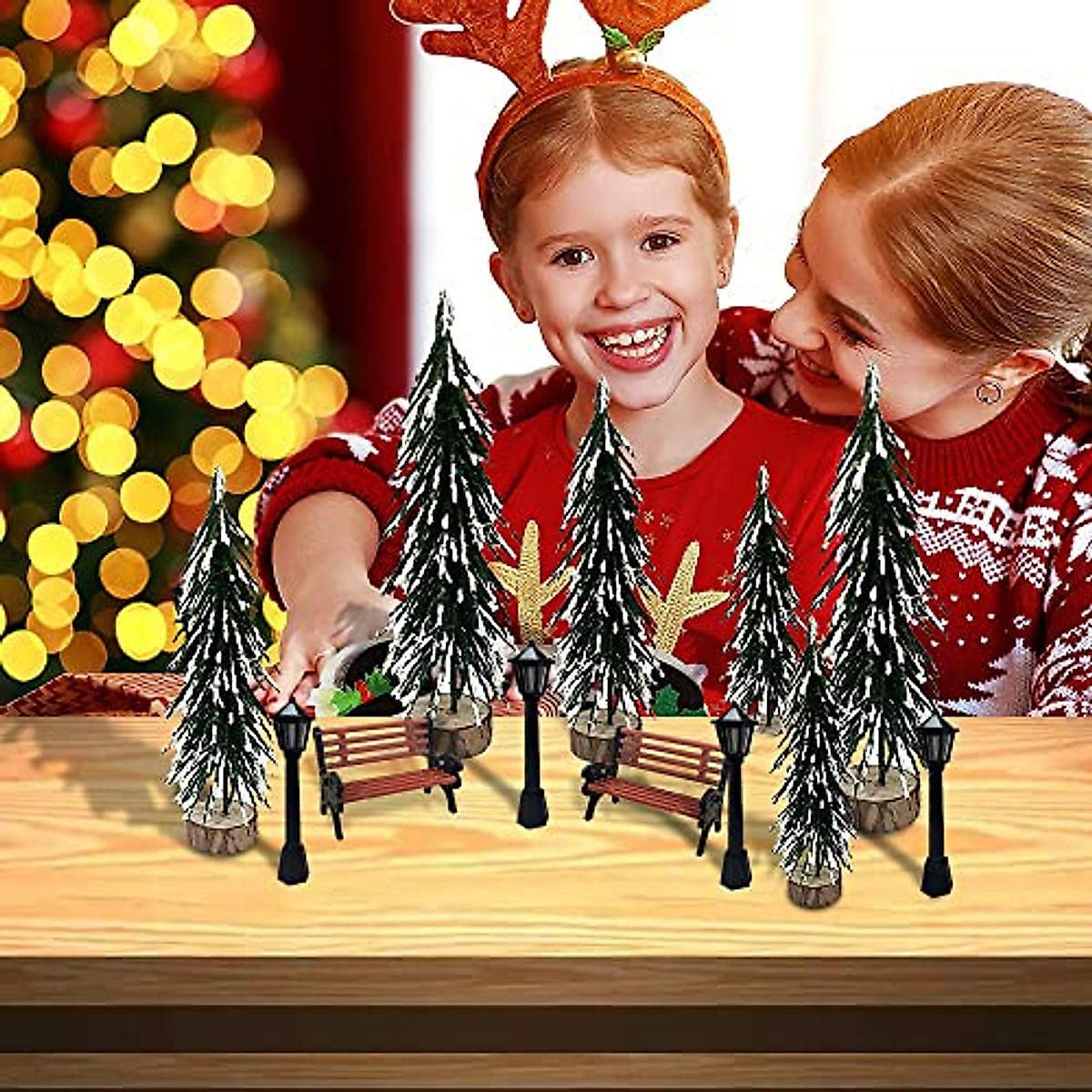 13 Pieces Mini Artificial Christmas Tree Set with Christmas Village Houses 4 Pieces Xmas Street Lamp Post and 2 Pieces Miniature Park Bench Seat for Christmas Table Top Decor
