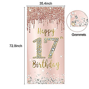 Happy 17th Birthday Door Banner Decorations for Girls, Pink Rose Gold 17 Birthday Door Cover Backdrop Party Supplies, Large Seventeen Year Old Birthday Poster Sign Decor