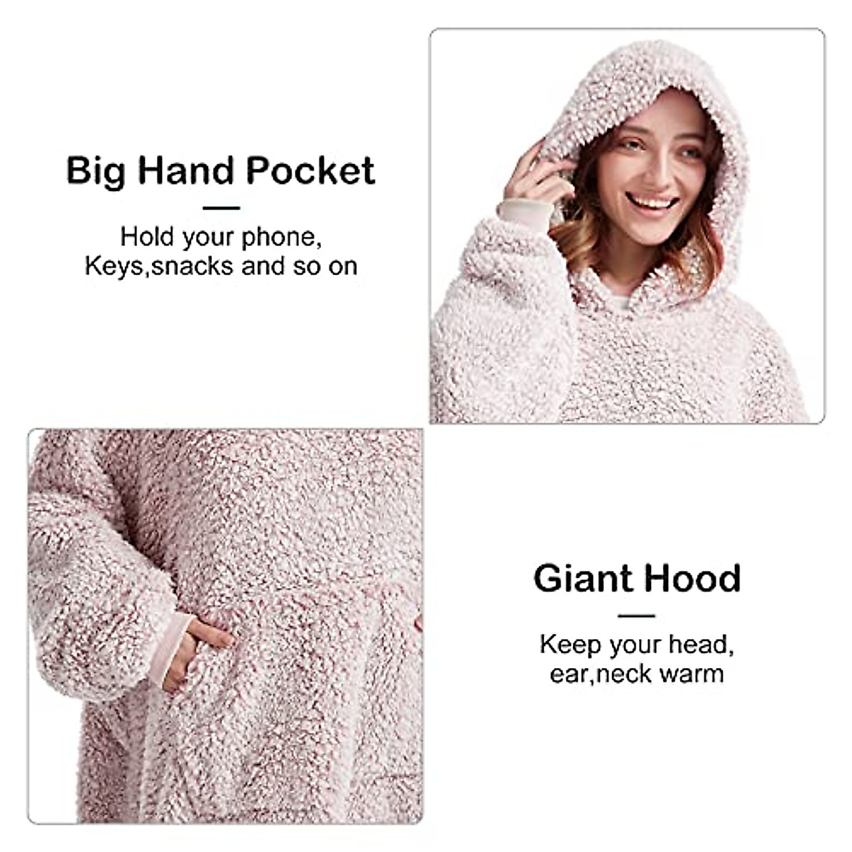 HORIMOTE HOME Cozy Sherpa Wearable Blanket Hoodie Mother s Day Gifts for Mom Gift Idea,Hooded Snuggle Blanket,Oversized Blanket Sweatshirt-Super Warm Light Weight, Pink