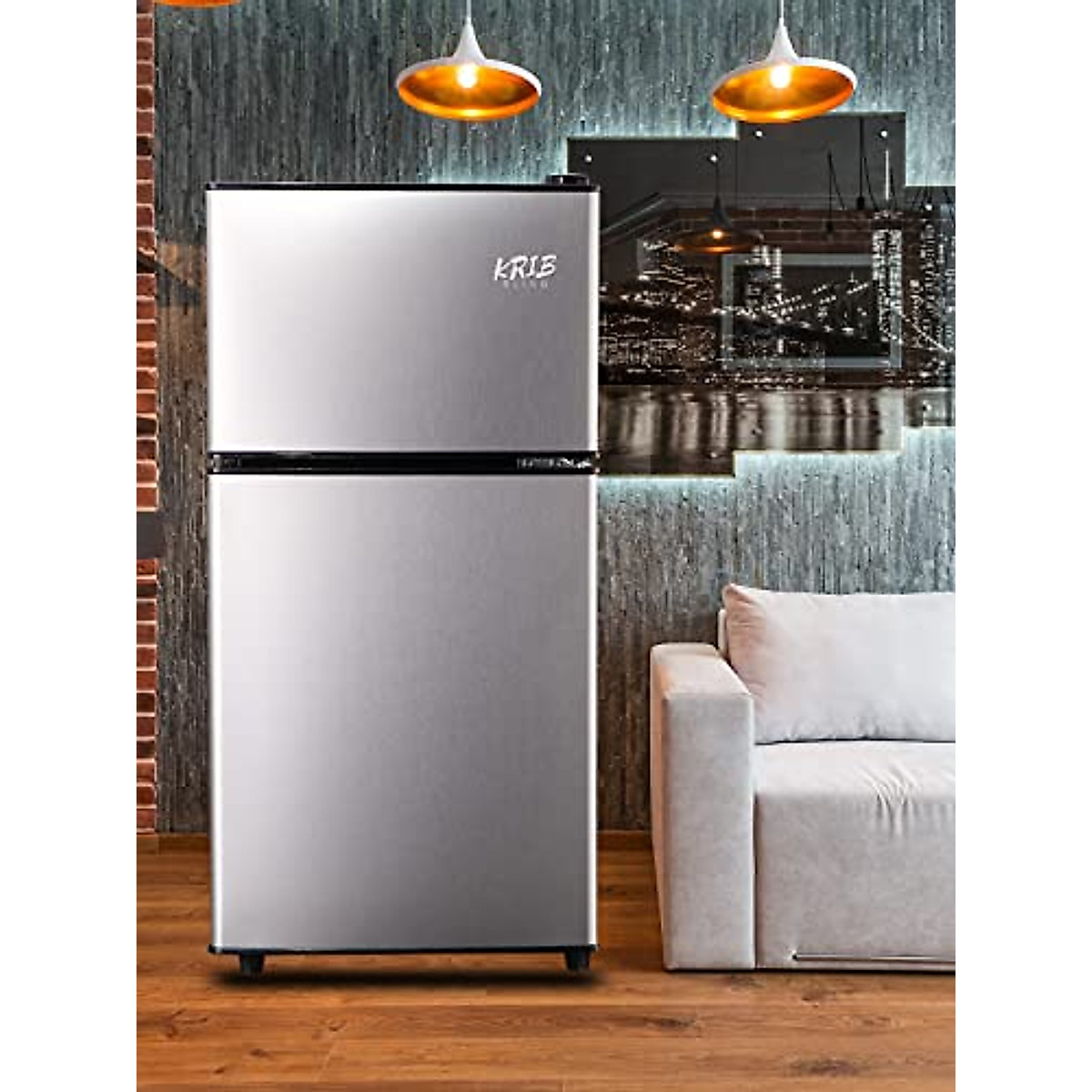 KRIB BLING Mini Fridge With Freezer,3.5 Cu. Ft Compact Refrigerator With 2 Doors,7- Level Adjustable Thermostat, Removable Glass Shelves For Bedroom, Office, Kitchen, Apartment, Dorm, Silver