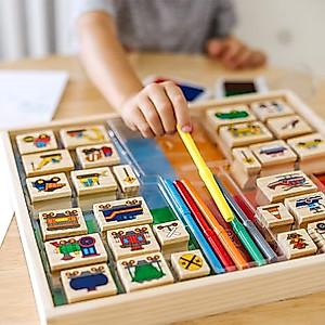 Melissa & Doug Deluxe Wooden Stamp and Coloring Set – Vehicles (30 Stamps, 6 Markers, 2 Durable 2-Color Stamp Pads)