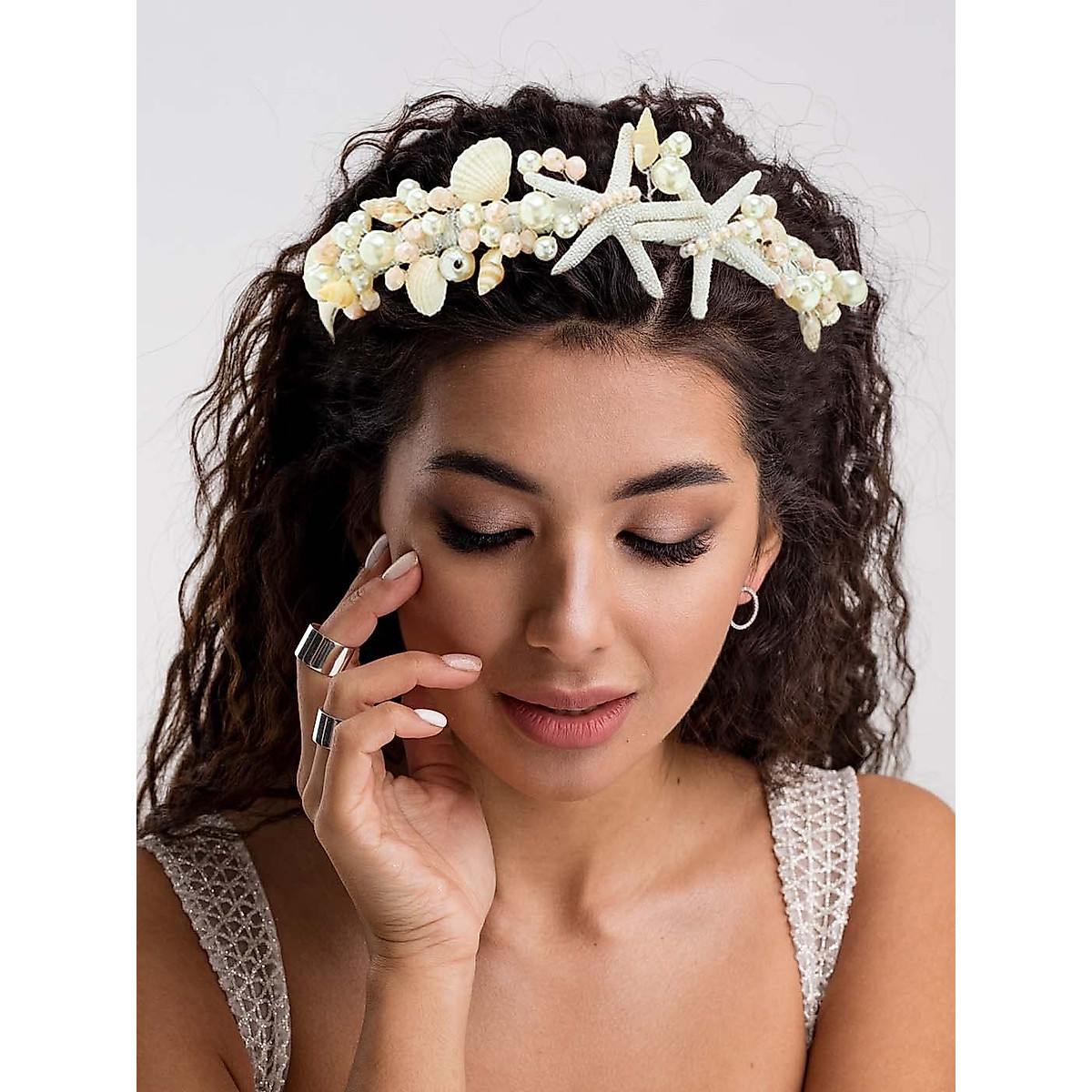 Unicra Silver Starfish Headband Silver Pearl Bridal Hair Band Sea Shell Hair Hoop Beach Wedding Hair Accessories for Women and Girls