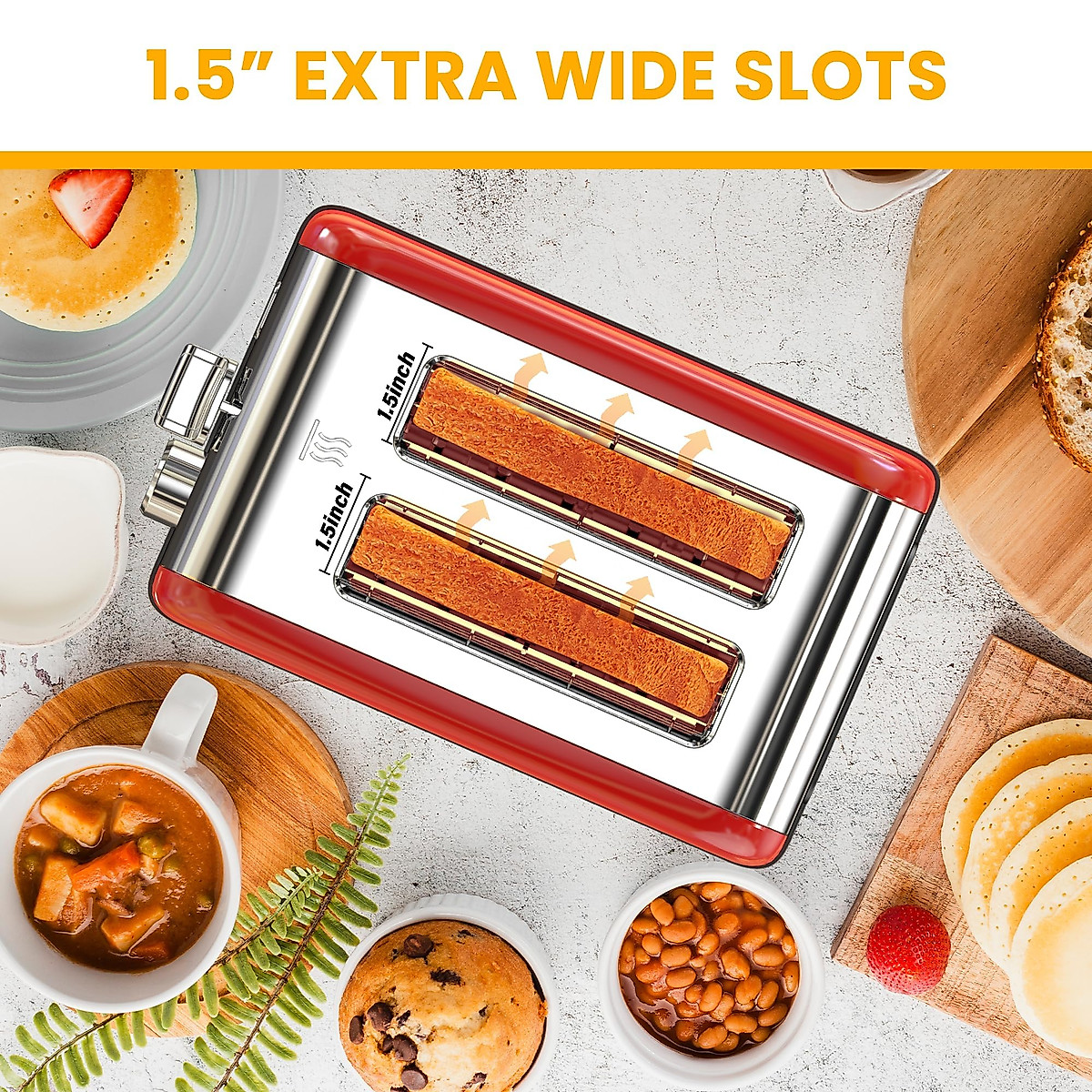 Simple Deluxe 2-Slice Toaster, Stainless Steel Toaster, 6 Browning Setting and 3 Function, Extra Wide Slot & Removable Crumb Tray, for Bread & Waffle, Red