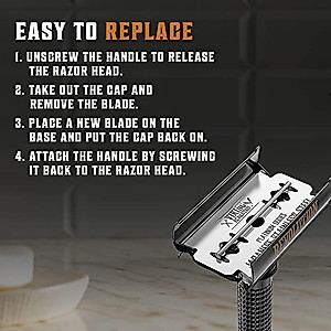 Long Handle Double Edge Safety Razor - Butterfly Open Razor with 10 Japanese Stainless Steel Double Edge Blades and Black Safety Razor Stand