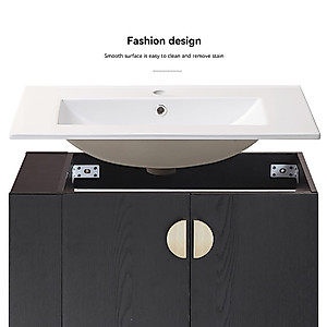 NOTOP 30" Floating Bathroom Vanity with White Ceramic Sink Comb, Modern Undermount Solid Wood Two Soft Close Doors Wall-Mounted Cabinet Set with Side Right Open Storage Shelf,Black, 30IN