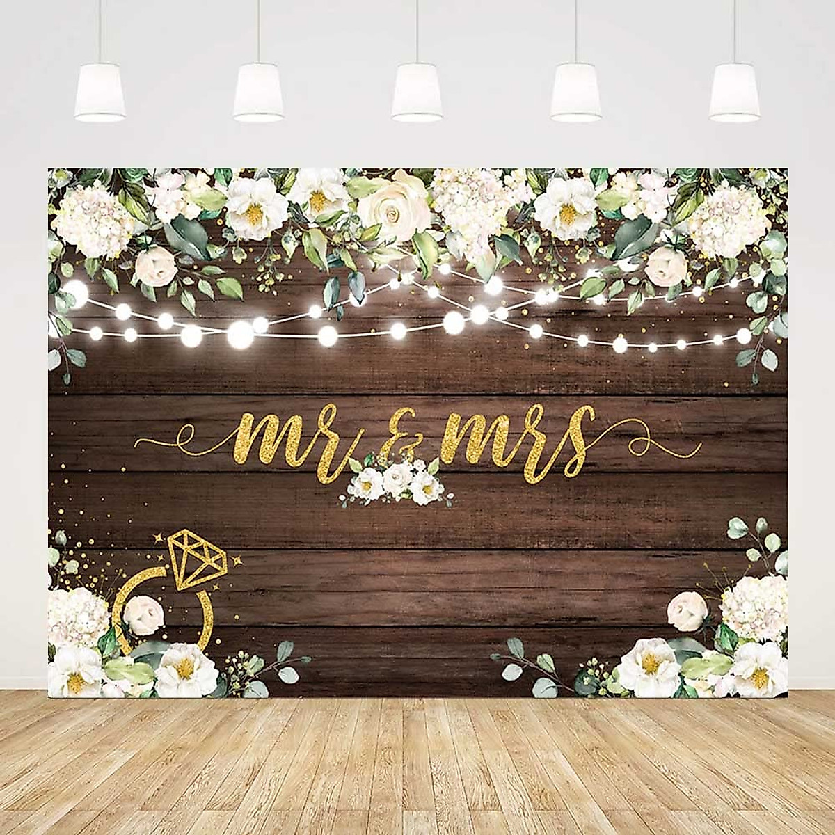 AIBIIN 7x5ft Mr & Mrs Backdrop for Wedding Bridal Shower Rustic Wooden White Flowers Photography Background Wedding Bachelorette Party Decirations Banner Photo Booth Props