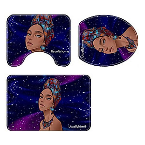Classic African Black Women Bathroom Shower Curtain Sets with Rugs(Large), Purple Hair Black Girl Shower Accessories and Bathroom Decor, 4 pcs Set - 1 Shower Curtain & 3 Toilet Mat and Lid Cover