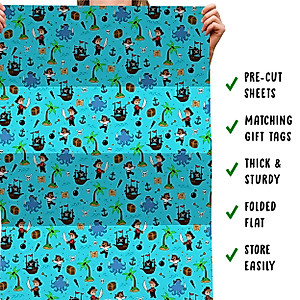 CENTRAL 23 - Pirate Gift Wrap - 6 Sheets of Cool Wrapping Paper for Kids - Pirates Treasure Ship Island - For Boys Girls - Son Nephew Grandson - Blue - Recyclable