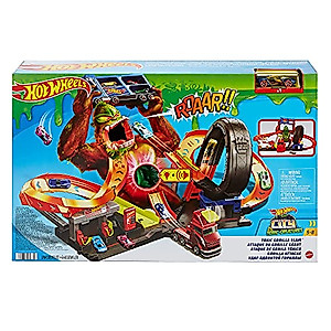 Hot Wheels Toy Car Track Set City Toxic Gorilla Slam Gas Station & Tire Repair Shop, Truck Launcher, 1:64 Scale Car