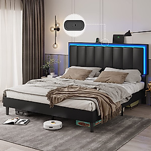 Hasuit Queen Bed Frame with Headboard and LED Light, Vegan Leather Platform Bed Queen Size with Charging Station, Upholstered Headboard Height Adjustable, Noise Free, Easy Assembly, Black