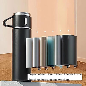 Insulated Water Bottle with Cup Travel Coffee Mug with Handle Stainless Steel Tumblers Thermos for Hot and Cold Drinks Water Flask 17 oz/500ml Black