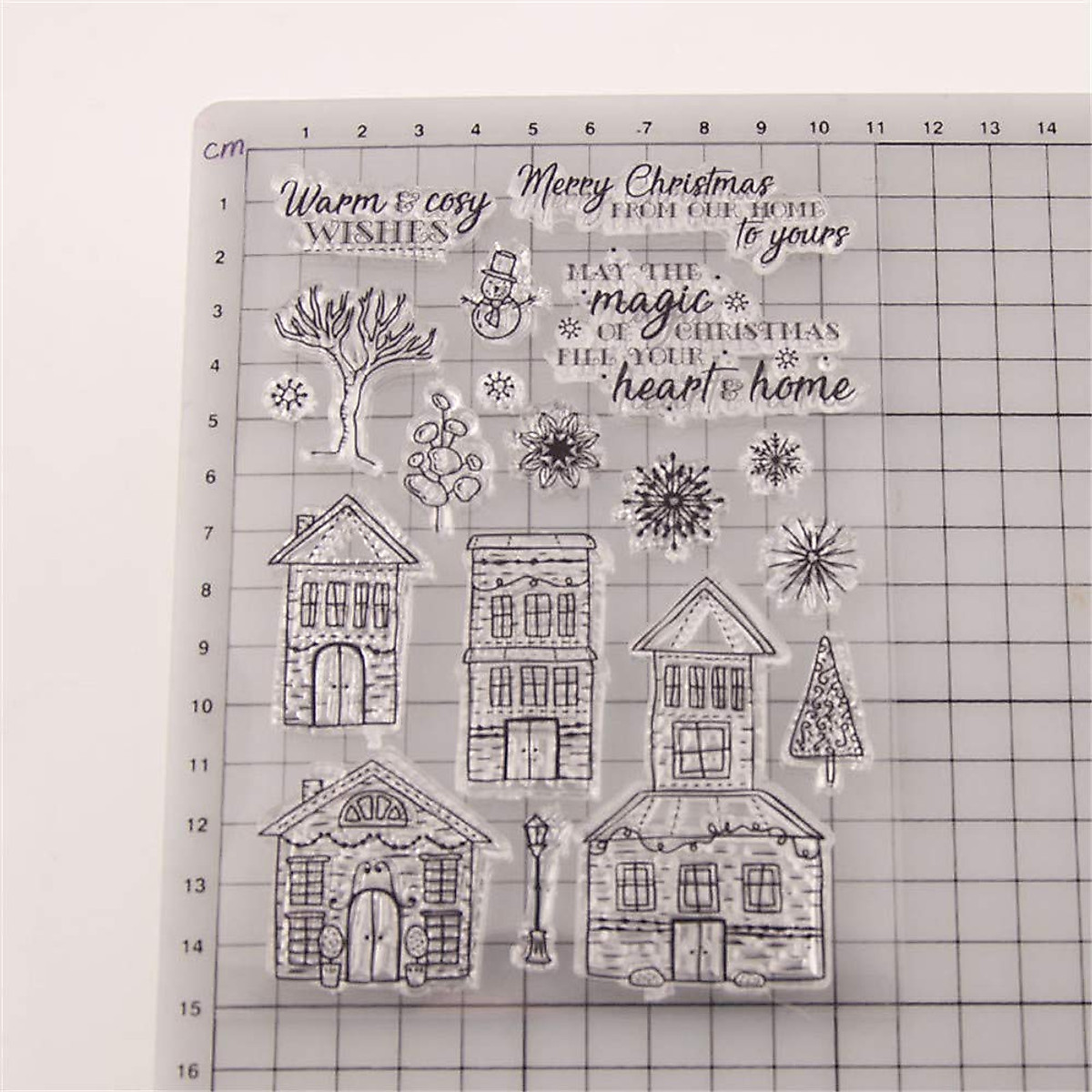 arriettycraft Merry Christmas House Clear Stamps for Card Making or Journaling, Snowflakes Trees Christmas Greetings Rubber Stamps for Journals Scrapbooking Album Decoration