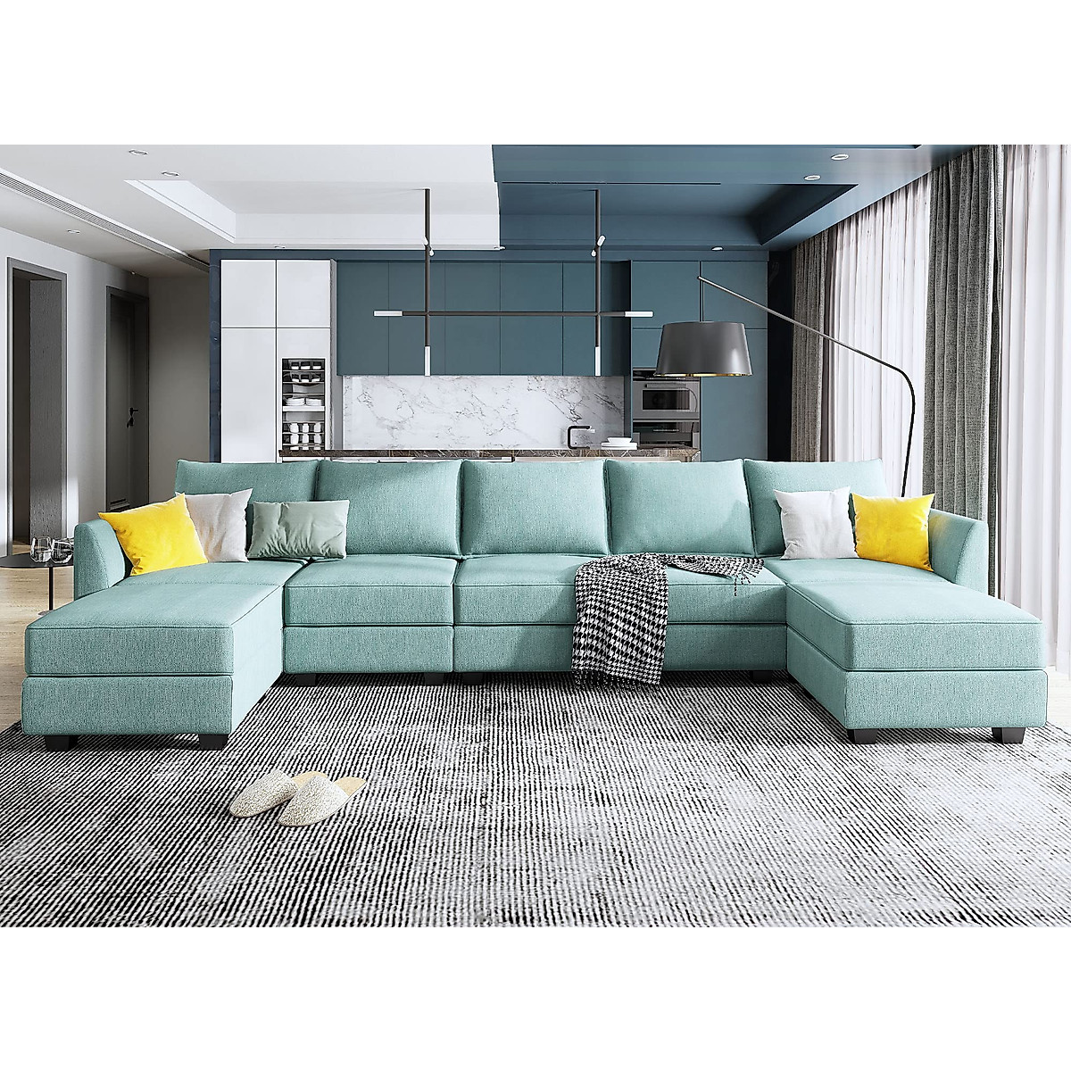 HONBAY Orage U Shape Corner Sectional Sofa Set, Aqua Blue