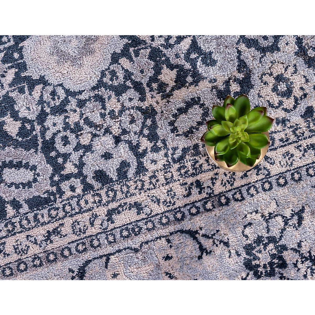 Unique Loom Leila Collection Distressed, Traditional, Vintage, Border, High-Low Pile, Botanical Area Rug, 8' 0 x 8' 0 Square, Navy Blue/Ivory