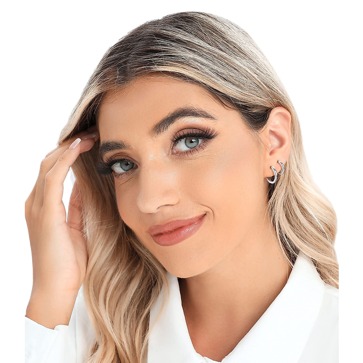 3 Pairs 925 Sterling Silver Hoop Earrings 14K White Gold Plated Small Silver Hoop Earrings for Women Huggie Cartilage Hoop Earrings for Women Men (8 10 12MM)