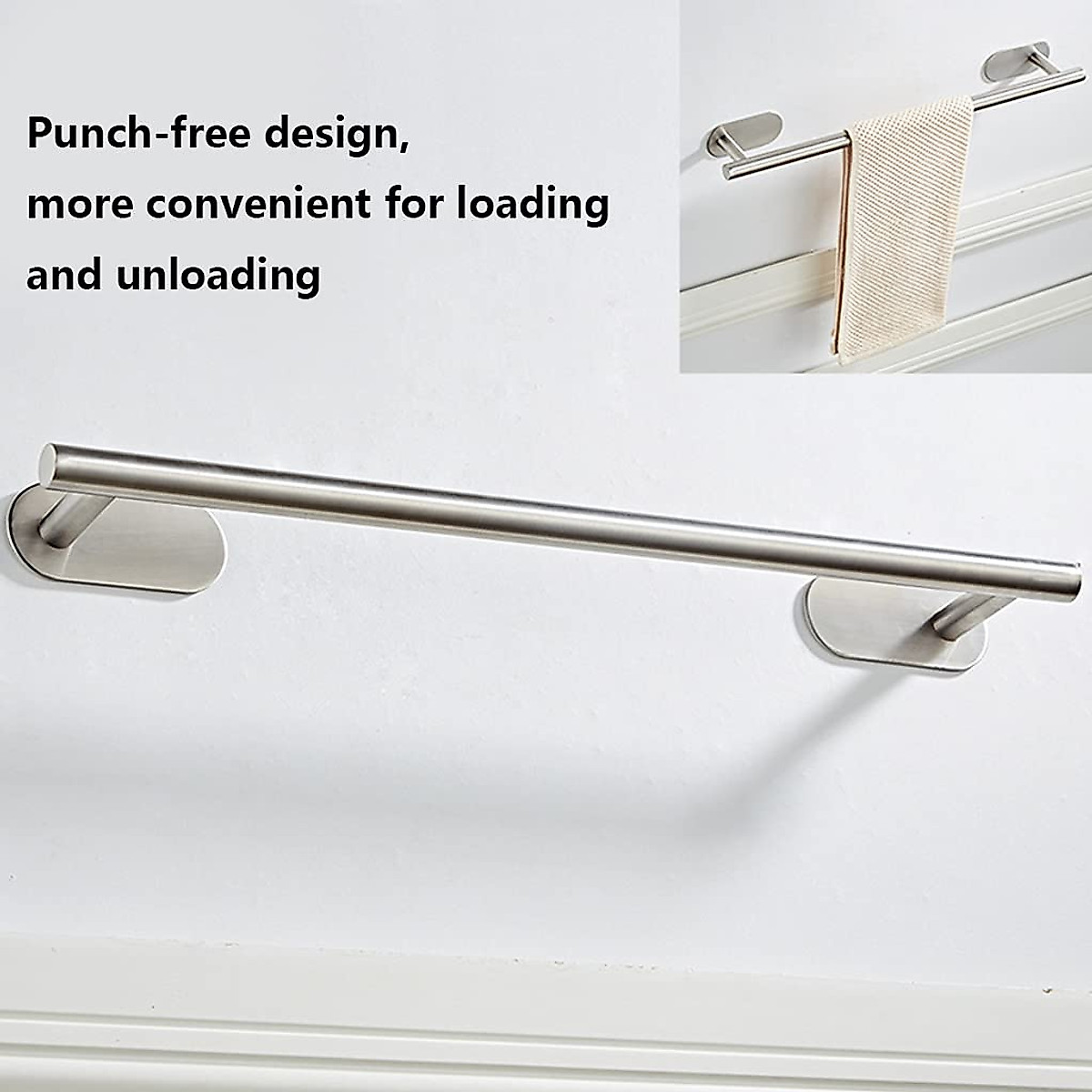 Stainless Steel Hand Towel Rack Thicken Bath Towel Rod Wall Mounted Single Towel Bar Nail-Free Installation Waterproof Towel Shelf for Bathroom Wall Mounted No Drill Rack Storage Toilet Silver