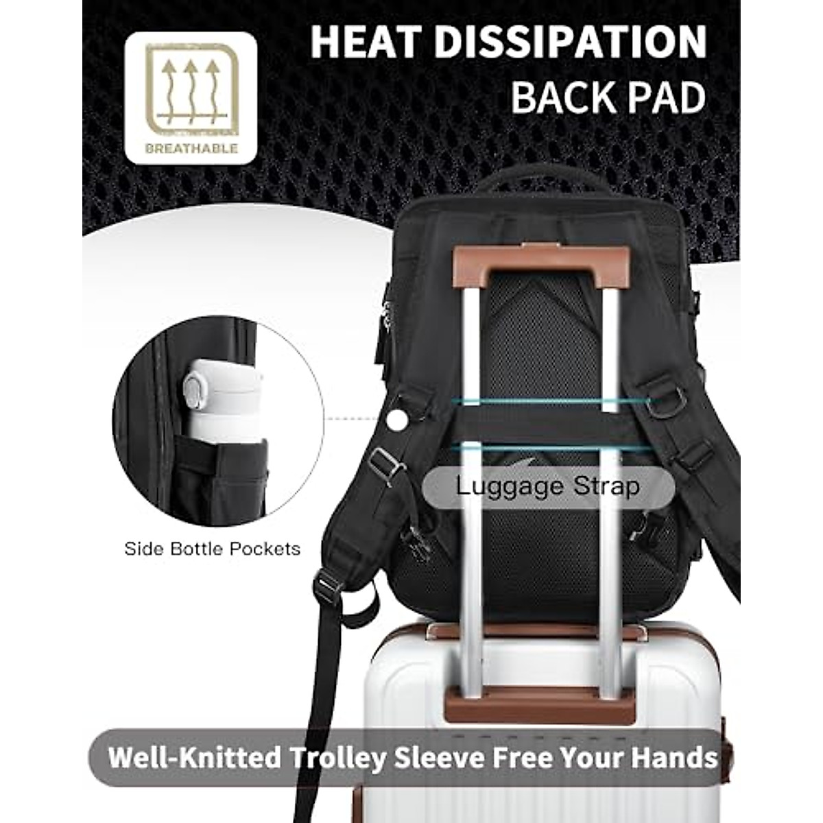 Telena Travel Backpack for Women Large Carry On Backpack Airline Approved Personal Item Backpack with USB Charging Port Waterproof Casual Bag, Black