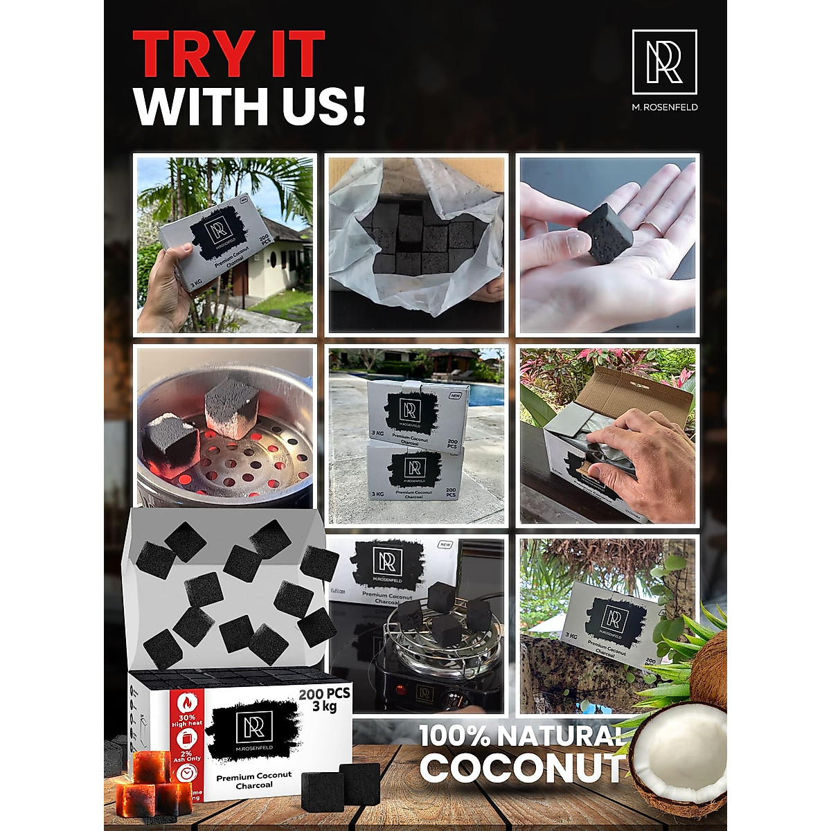 Hookah Coals Coconut Hookah Charcoal – 200 Count & 3 KG (6.6 lbs) – Value Pack Premium Quality 25mm (1x1x1 in) – 100% Natural Coconut Coals for Hookah Cubes – NOT Quick Light Charcoal Coco