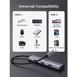 UGREEN Aluminium USB C Hub, 4 Ports USB C to USB 3.0 Hub, USB-C Multiport Splitter with 5Gbps Fast Transfer for PC Laptop MacBook Pro/Air iMac iPad Pro Surface, iPhone 15/15 Pro, Galaxy S24, and More
