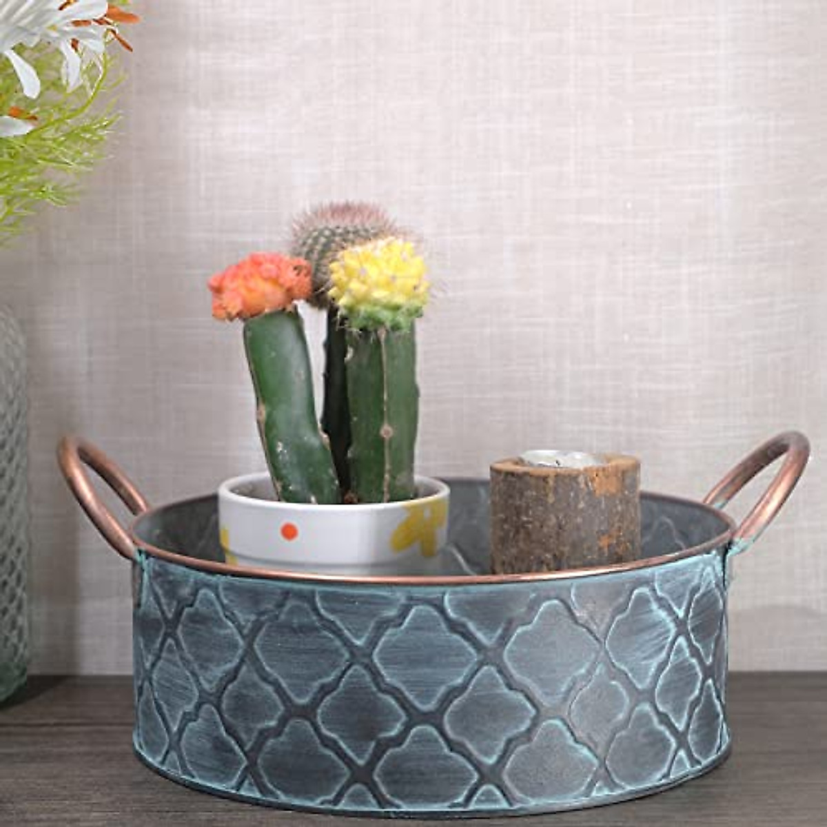 Farmway Decorative Galvanized Metal Round Serving Tray with Handles, Indoor and Outdoor Rustic Farmhouse Decor Food Serving Tray - Grey Green - 12.6”L × 9.8”W × 5.3”H