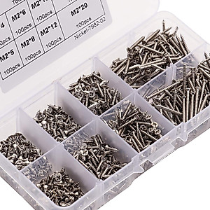 Silver M2 Nickel-Plated Carbon Steel Flat Head Self Tapping Screws (800pcs/Set), Assortment Drilling Screws with Storage Case, 4mm 5mm 6mm 8mm 10mm 12mm 16mm 20mm