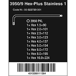 Wera - 5022720001 Stainless 3950 PKL/9 Ball-point Metric Hex-Plus Ergonomic L-Key Set with Two-Component Storage Clip, 9-Piece
