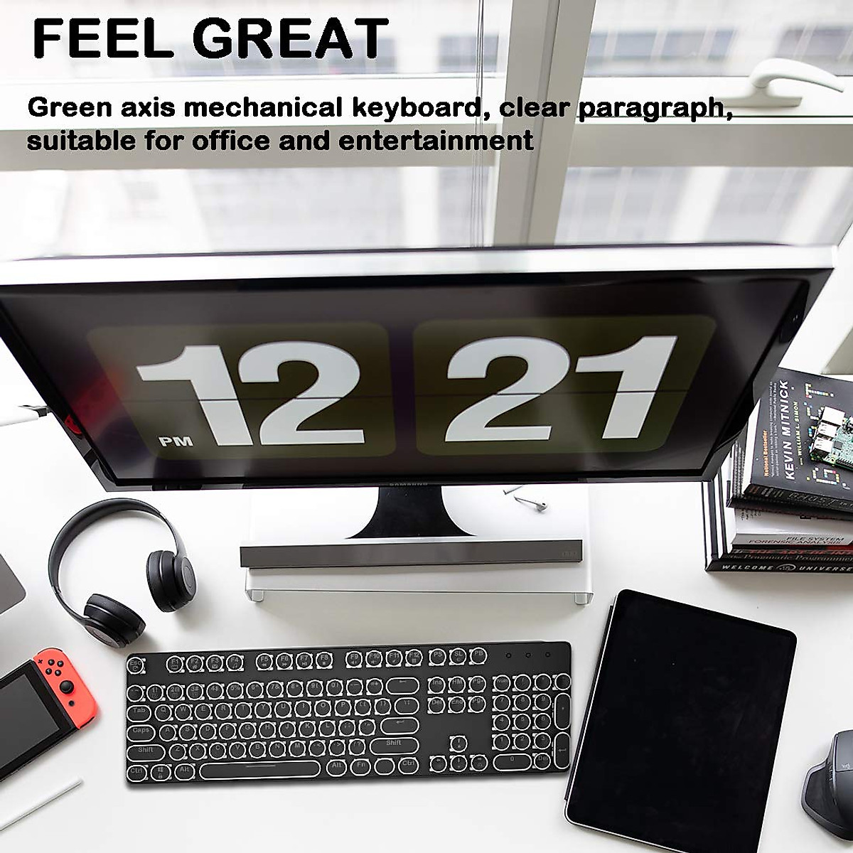 PC Gaming Mechanical Keyboard with LED White Backlit Light, 104 Keys Anti-Ghosting, Blue Switch Typing Key Caps and USB Connection for Computer