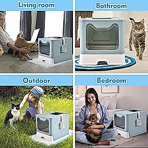 Homagico Foldable Cat Litter Box, Extra Large Front Entry Top Exit Litter Box with Lid, Drawer Type Enclosed Kitty Litter Box with Litter Scoop, Anti-Splashing Cat Toilet Easy Cleaning （Blue）