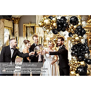 FOTIOMRG 133pcs Black and Gold Balloons Garland Arch Kit with Metallic Gold Confetti Balloons, 5/10/12/18 Inch Black Gold Latex Balloons for Graduation Birthday Wedding Party Decorations