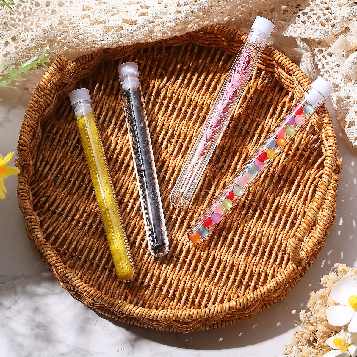 Hoteam 100 Pcs Clear Test Tubes with Lids Plastic Tube Plastic Vials for Scientific Experiments Party Supplies Birthday Candy Storage Seed Beads Powder Spice Liquid (White Lid,16 x 150 mm)